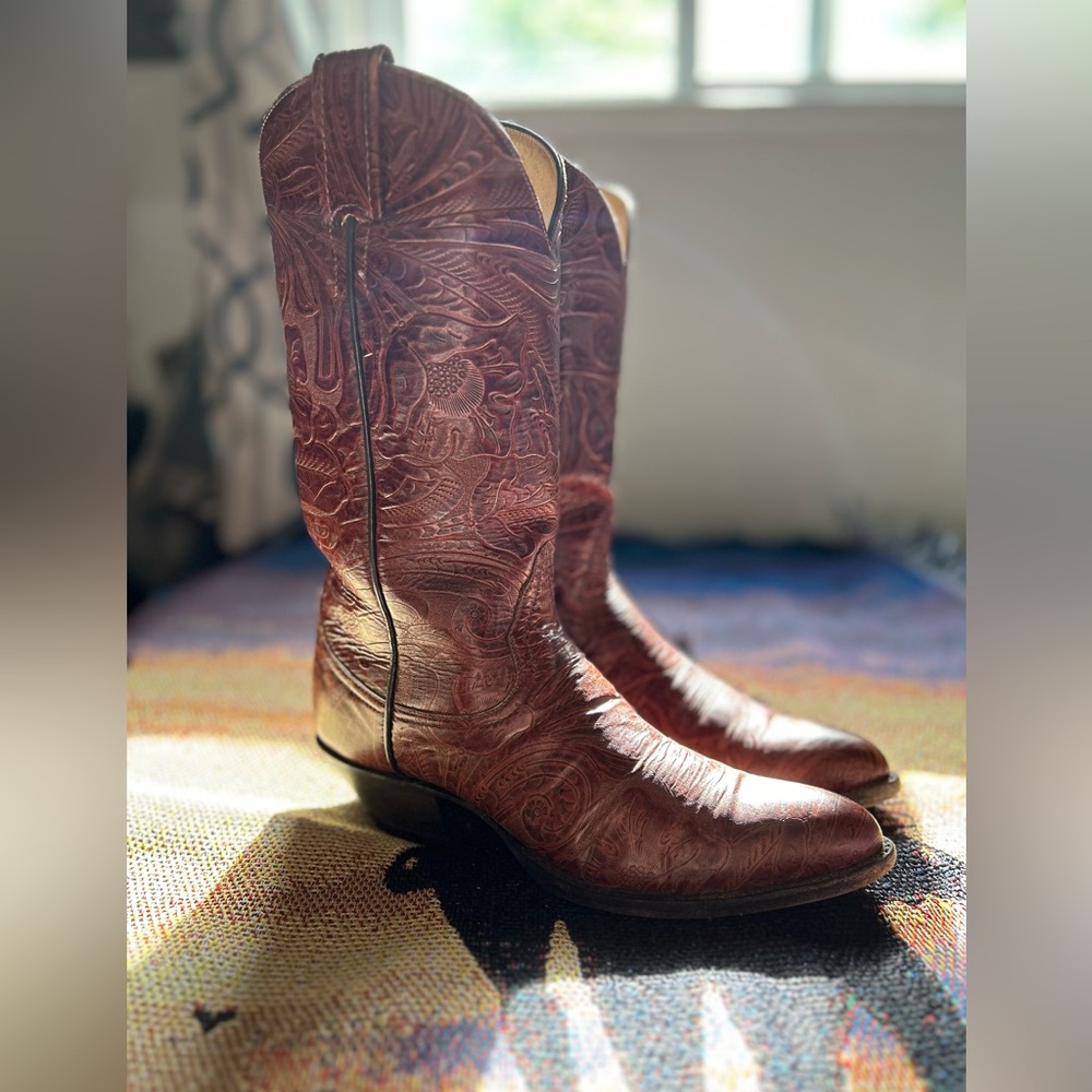 Vintage Larry Mahan Floral Leather Cowboy Boots Size … - Gem